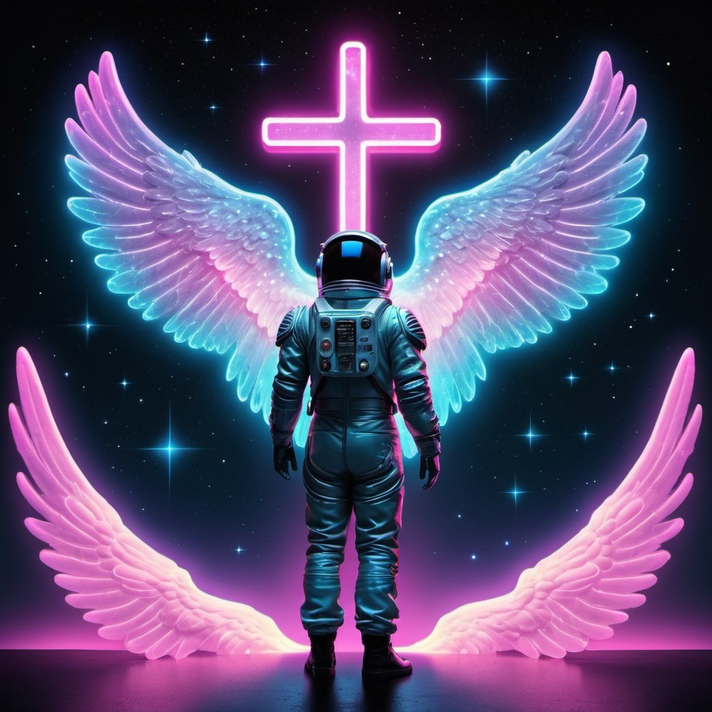 Floating space man looking at the galaxy neon with a...