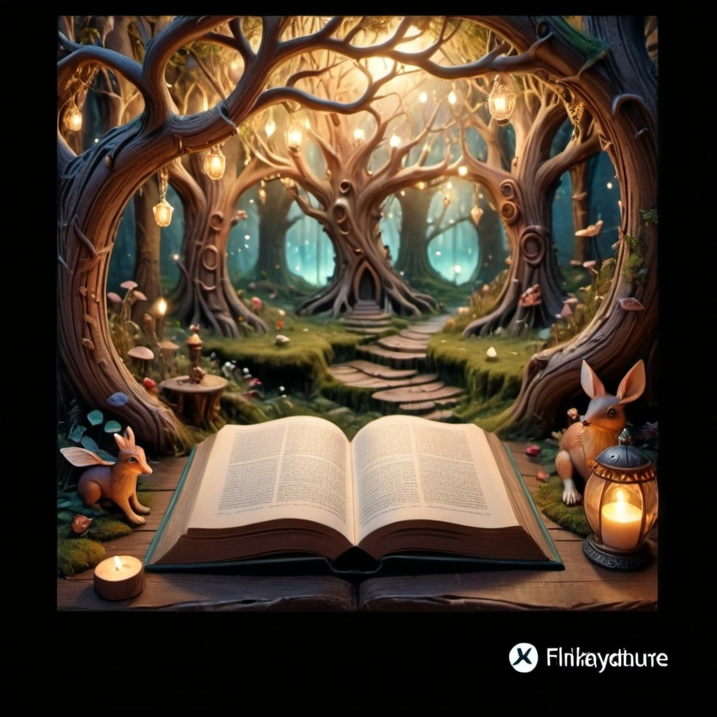 Open book with blank pages on fantasy themed table