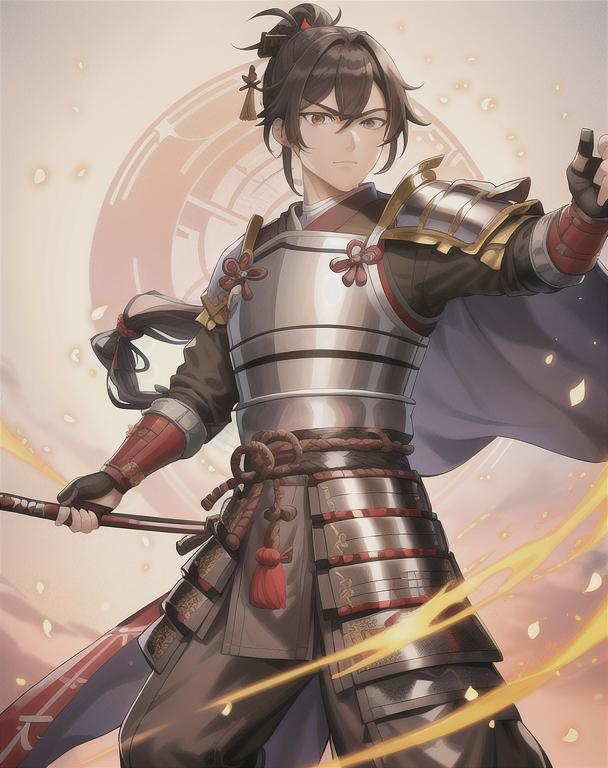 portrait half body of handsome male samurai, clothes...