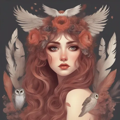 Beautiful Persephone with owl feathers for hair in a...