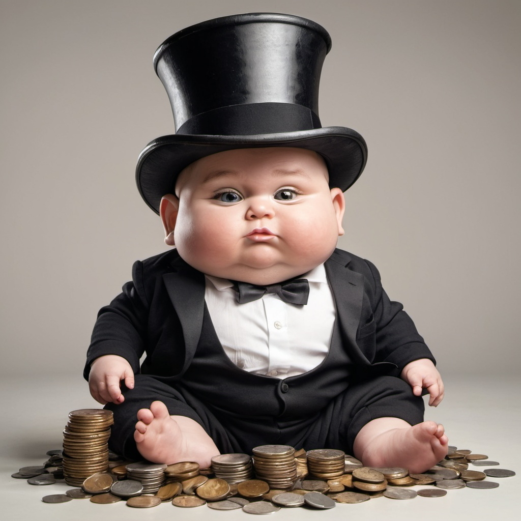A big fat baby wearing a top hat sitting on a pile o...