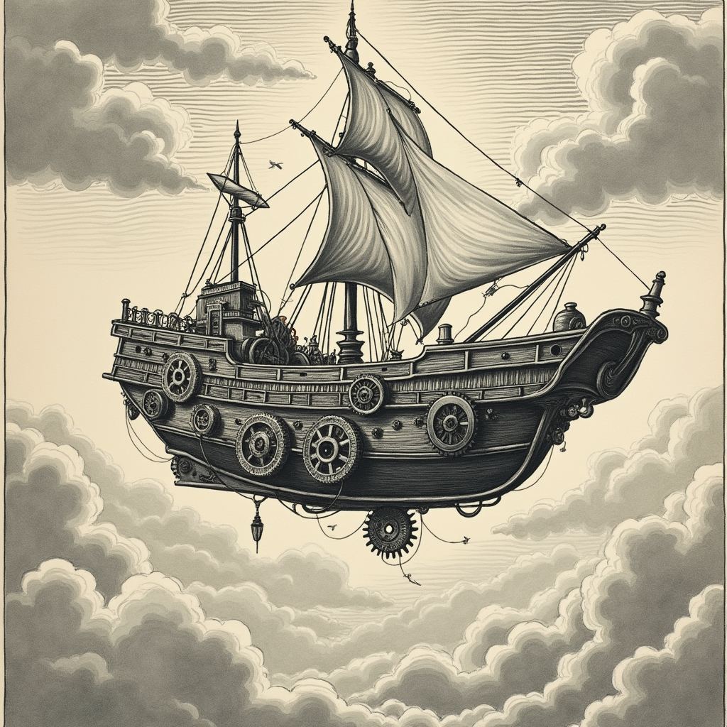 Un barco volador inspirado en el steampunk surcando...