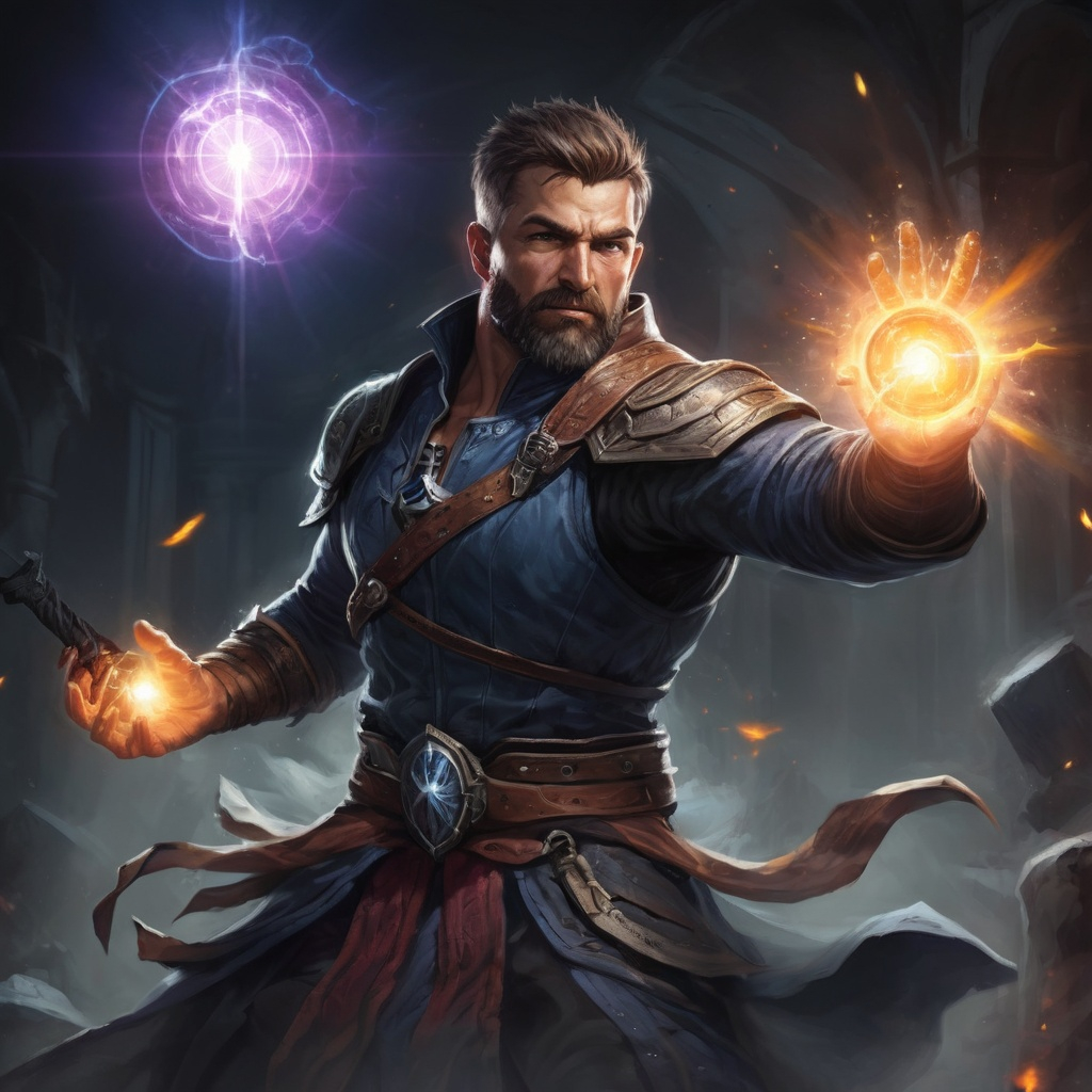 Male stocky large muscular battle-mage with short-cu...