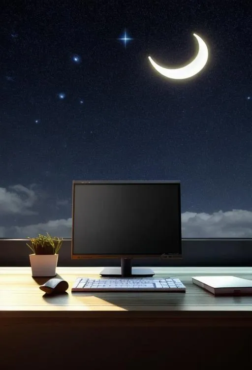 A desktop computer on a wooden table, lowest light,...