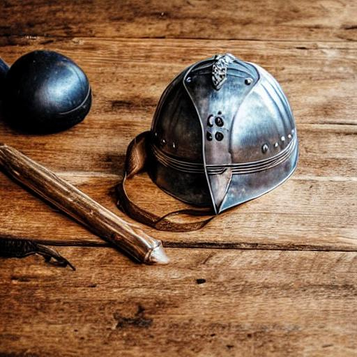 A knight helmet on a table with a scroll beside it | OpenArt