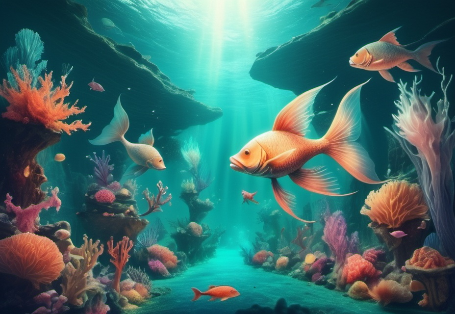 A strange underwater fantasy scape. The image evokes...