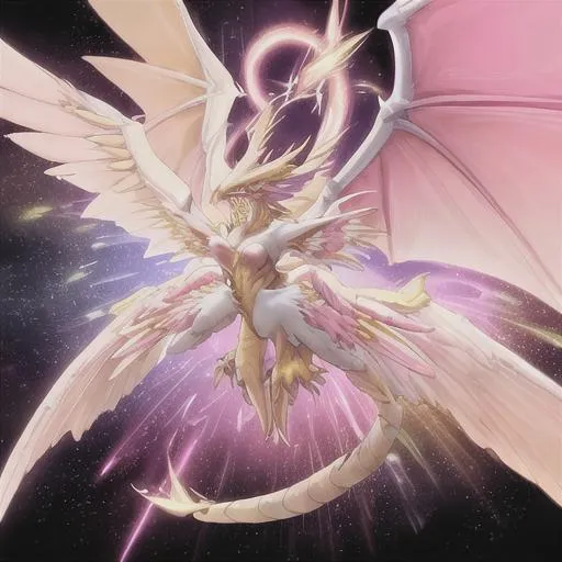 a white angelic dragon flying toward the sun while m...