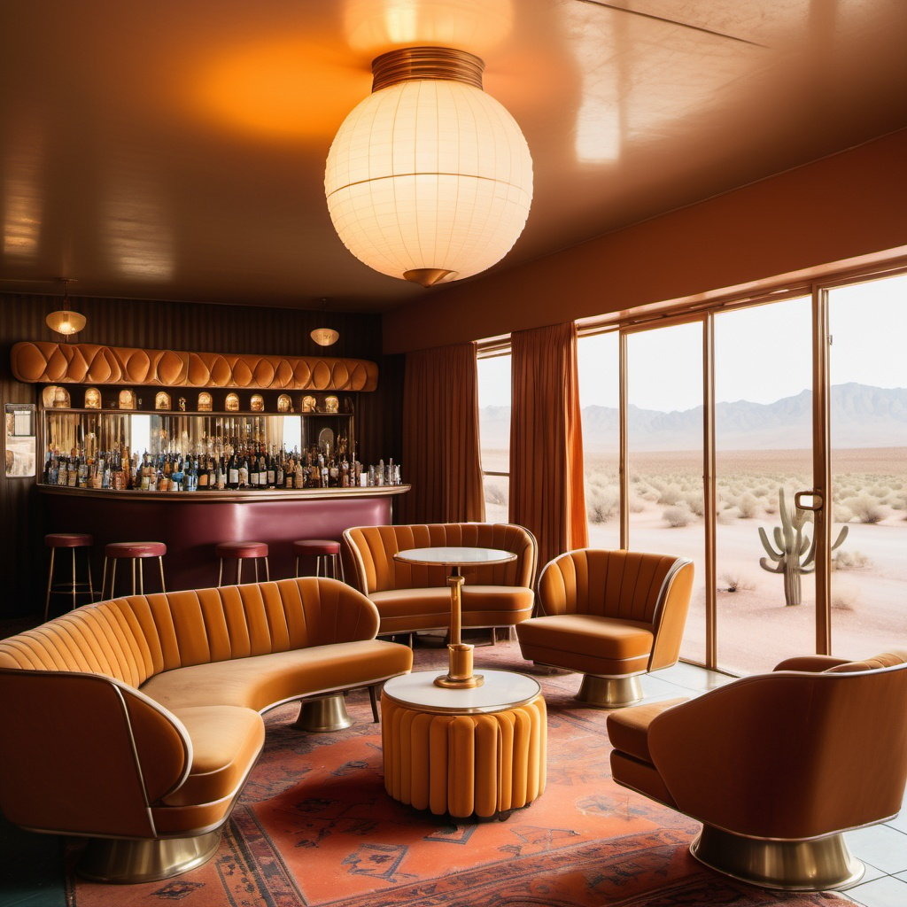 a retro hotel with 1970s asthetics, velvet furniture...