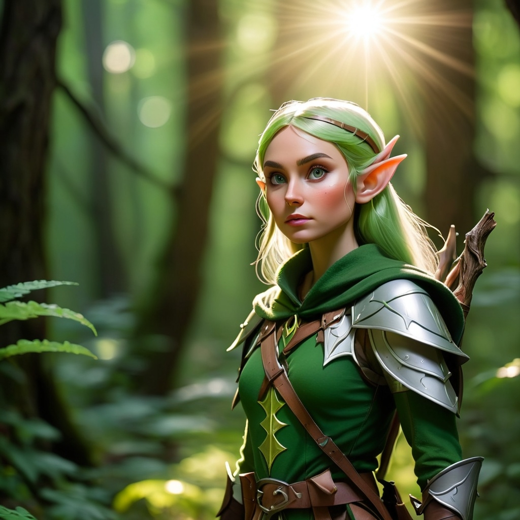Elf ranger in a mystical forest around sunlight