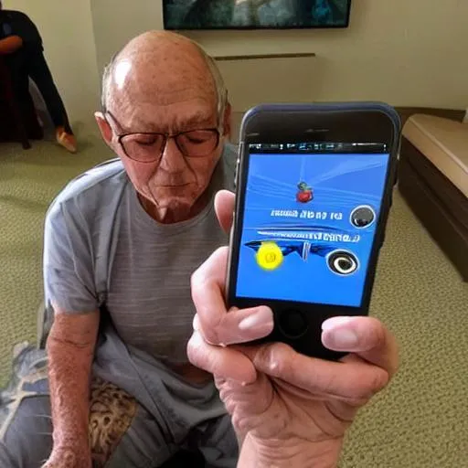super cool old man playing pokemon go while sleeping... | OpenArt