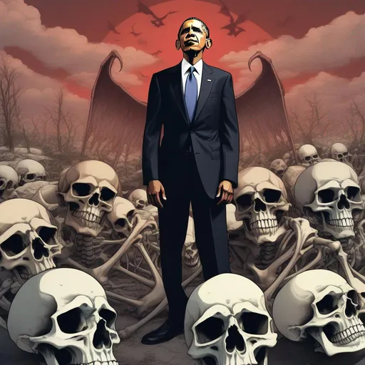 Obama standing over a skeleton of Satan anime artstyle