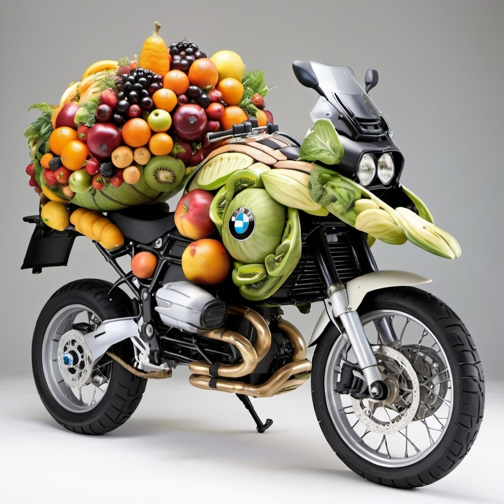 a BMW R1200GS motorcycle made of fruit and vegetable...