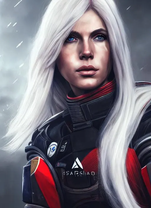 Portrait of commander shepard with long curled white... | OpenArt