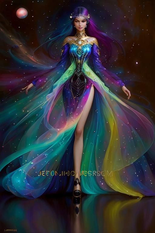 An intergalactic dress. A beautiful woman wearing an...
