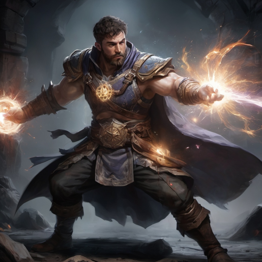Male stocky large muscular battle-mage with short-cu...