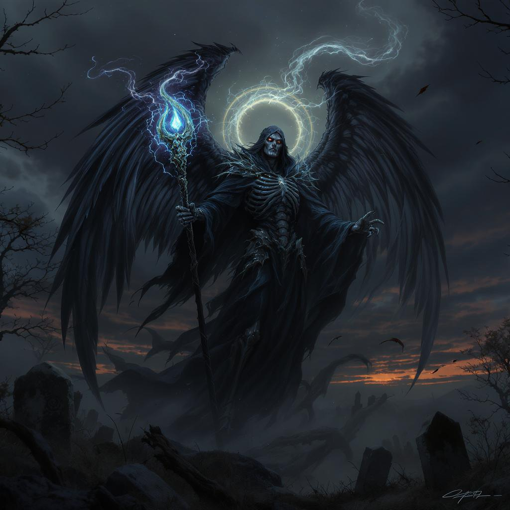 A powerful angel with dark wings that is of skeleton...