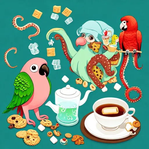 An illustration of an octopus and a parrot drinking...