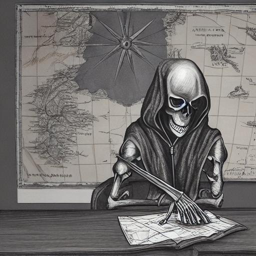 dark hooded skeleton hunched over a table drawing a map | OpenArt