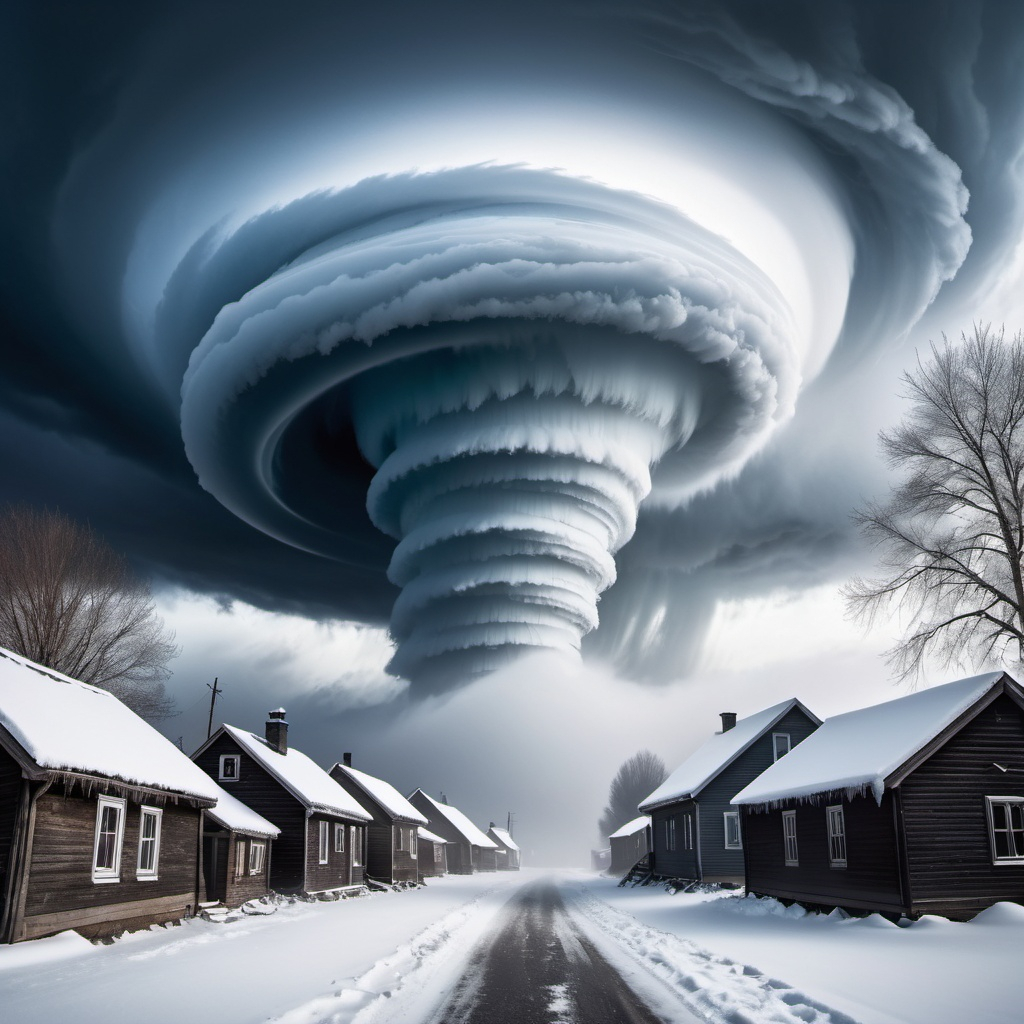 Ice Tornado. Dark Sky filled with clouds. Calamity o...
