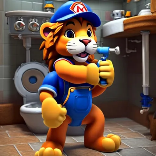 A photo of a cute lion wearing plumber outfit, worki...
