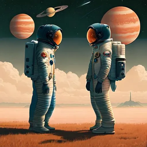 planets and galaxies, two astronauts, 1 male, 1 fema... | OpenArt
