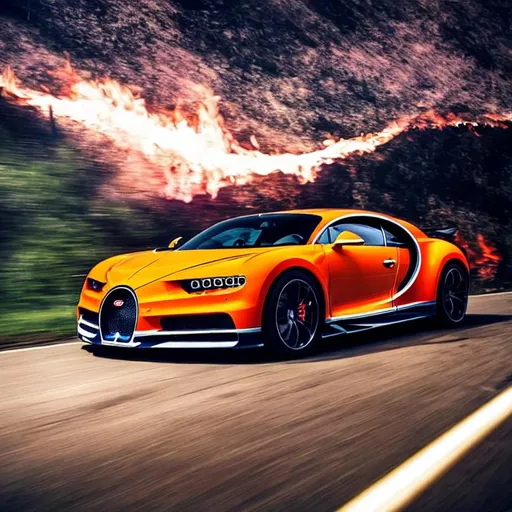 bugatti chiron on driving fast, on fire, | OpenArt