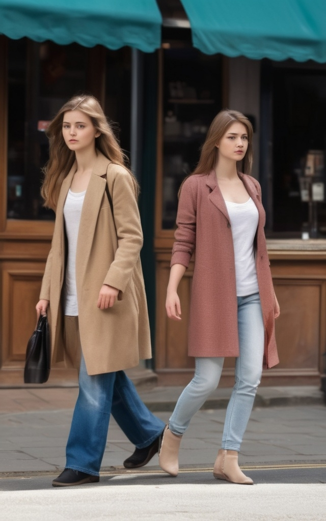 Tall young woman walking down the high street, detai...