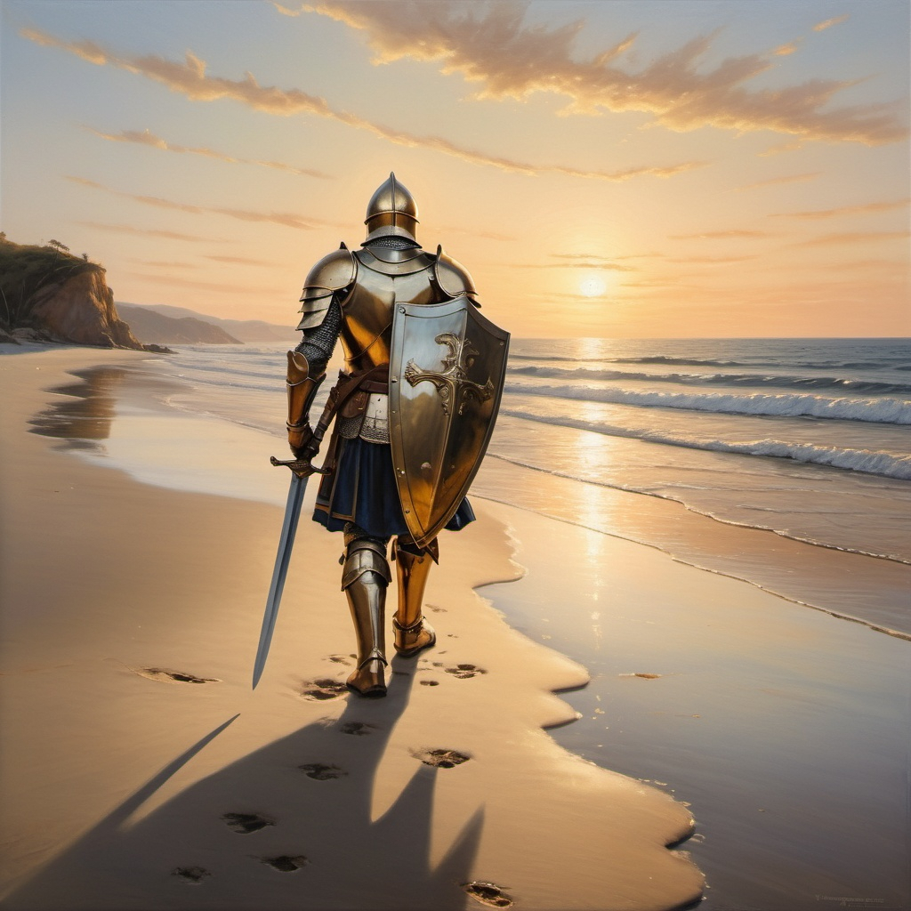 Knight walking on the beach, walking away, foot prin...