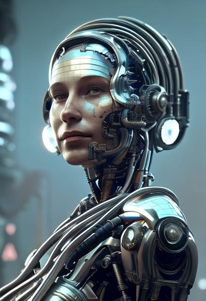 Portrait photo of a beautiful female cyborg in the e...