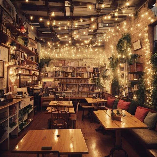 A warm and cute cafe, with yellow fairy lights and b...
