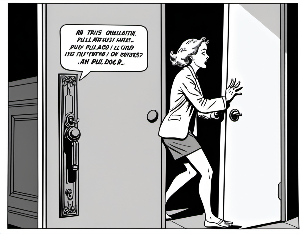 Comic strip. Panel depicts white woman pushing on a...