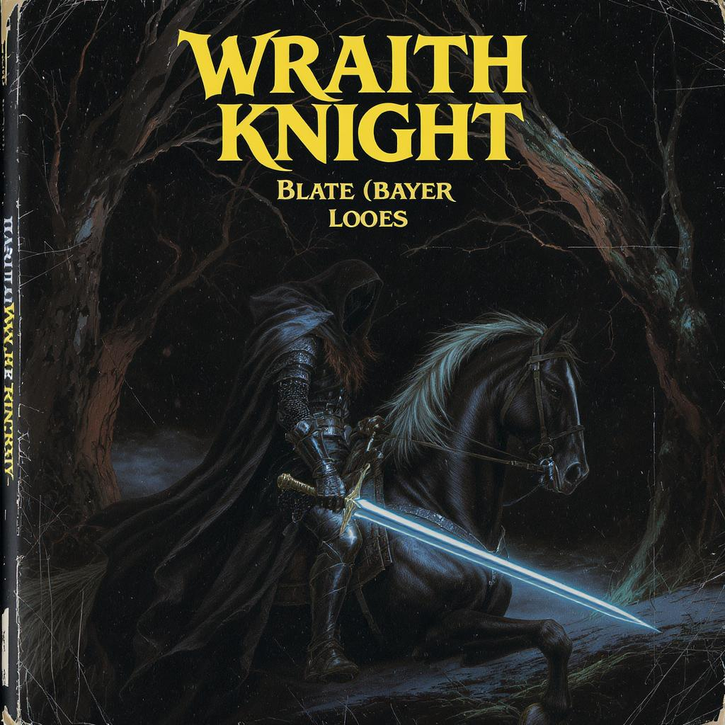 1980 dark fantasy book cover, wraith knight in a hoo...