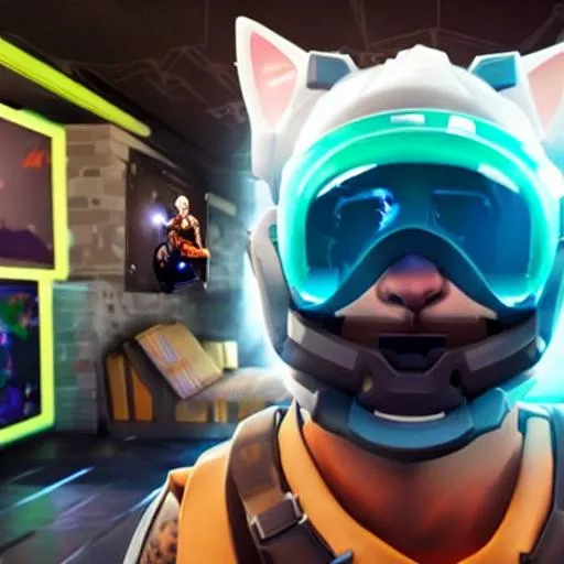A human with a cat head playing fortnite in his base... | OpenArt