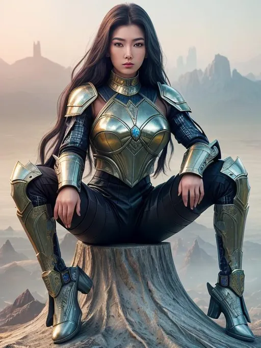 a beautiful woman with black hair in black crusader...