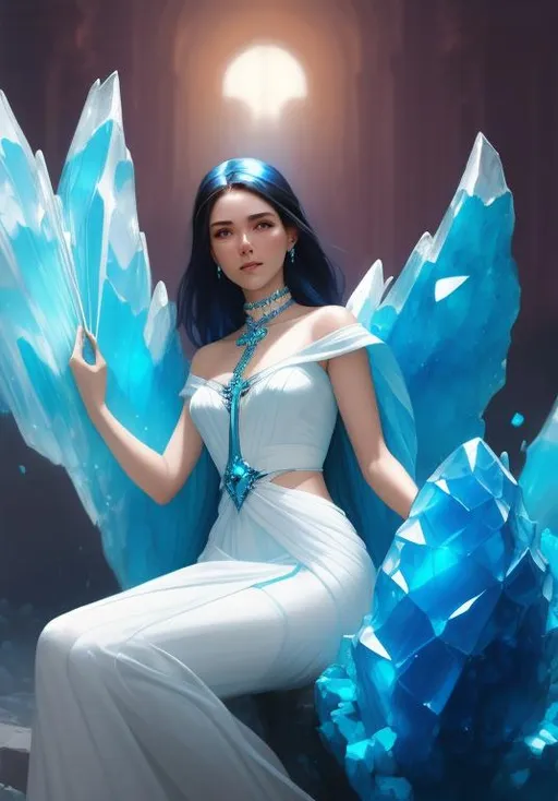 woman in cyan blue crystal geode, white cloth fallin...