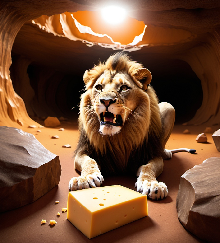 A lion eating cheese in a cave on Mars