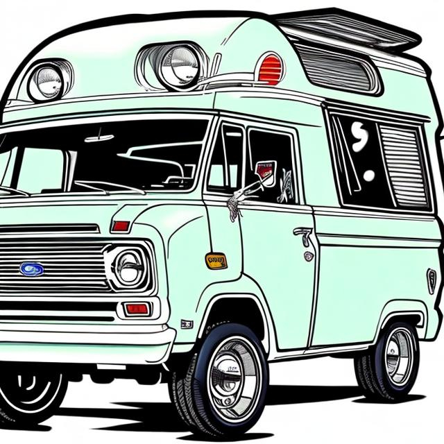 Draw a 1967 Ford econoline RV in the style of Ed Roth