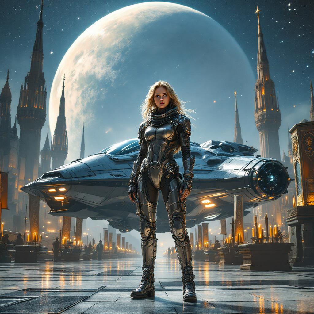 A stunning, athletic female space cowboy pilot stand...