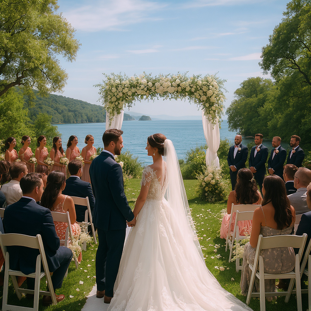 A beautiful shot of the wedding ceremony with guests...