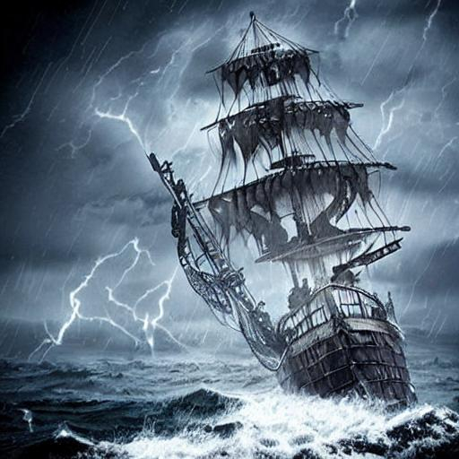a ghost pirate ship, gothic, storm, tattoo, giant squid