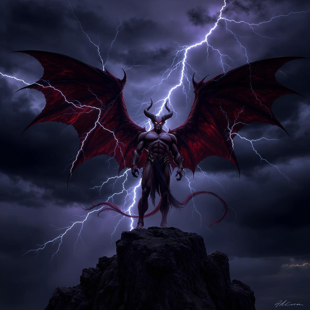 Envision a striking image of Lucifer, standing confi...