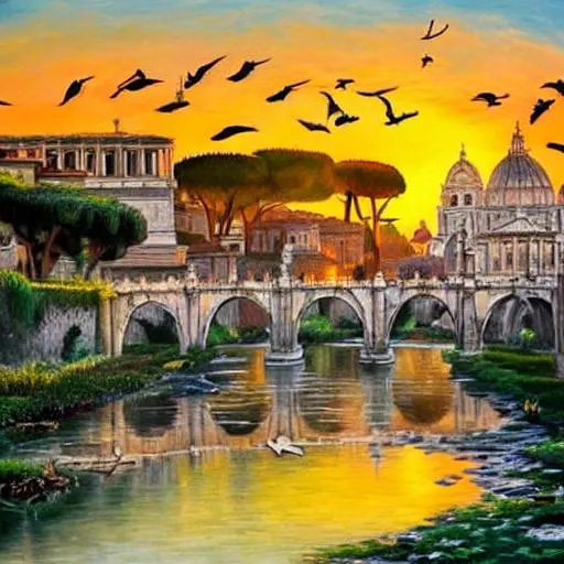 beautiful painting of rome italy with birds and a su... | OpenArt