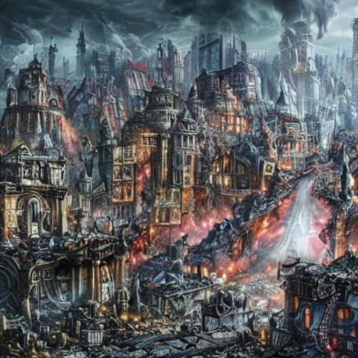 destroyed fantasy city being engulfed in chaos | OpenArt
