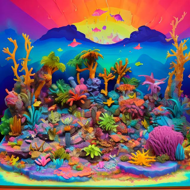 Coral reef diorama in the style of Lisa frank