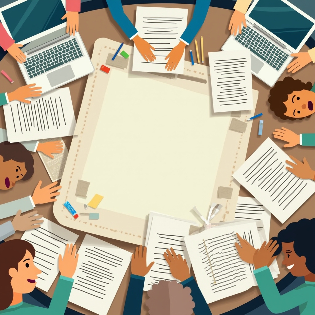 Create a animated image of a table top strewn with p...