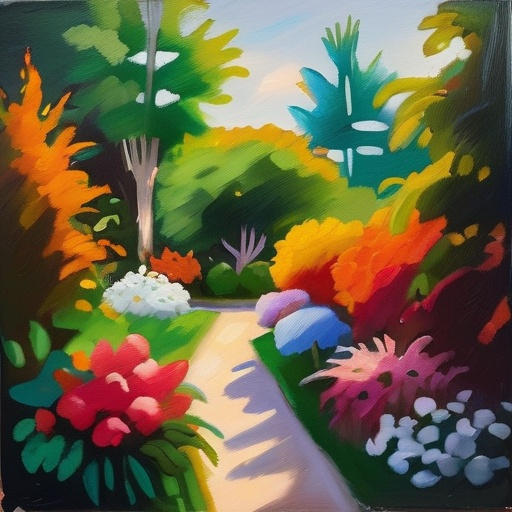 Vibrant oil painting of a lush garden, rich and vari...
