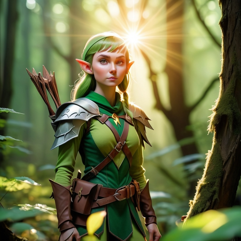Elf ranger in a mystical forest around sunlight