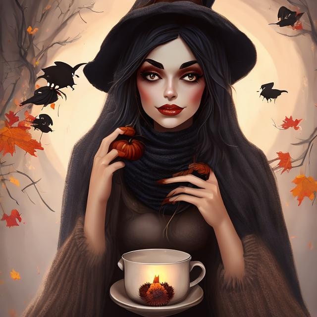 Cozy fall witch with beautiful iranian face
