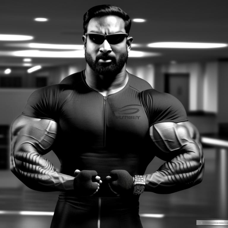 (full body shot) of a beefy android Indian spy body...