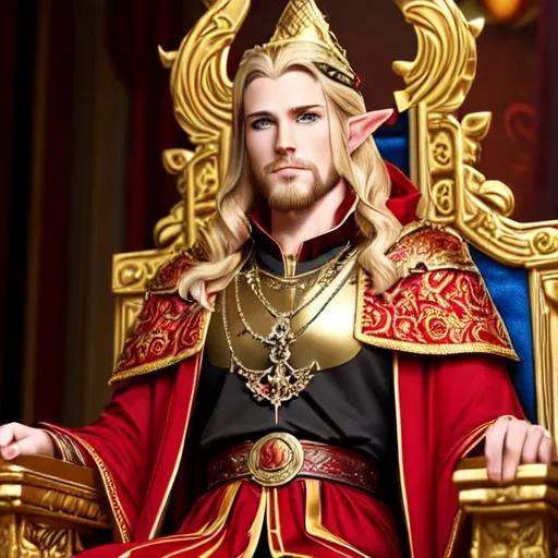 A tall male Elven Emperor wearing red and gold vikin... | OpenArt